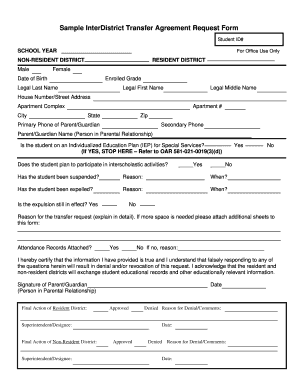 Fillable Online Sample InterDistrict Transfer Agreement Request Form ...