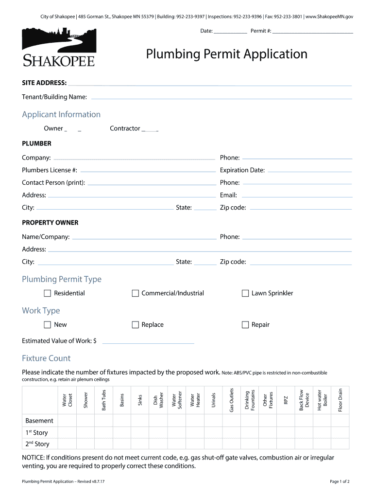 Fillable Online Plumbing Permit Application - City of Shakopee Fax ...