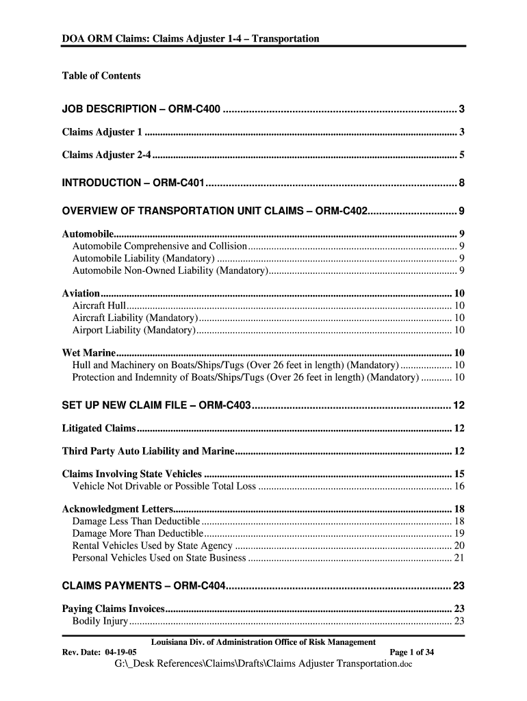 Fillable Online DOA ORM Claims: Claims Adjuster 1-4 Transportation Fax ...