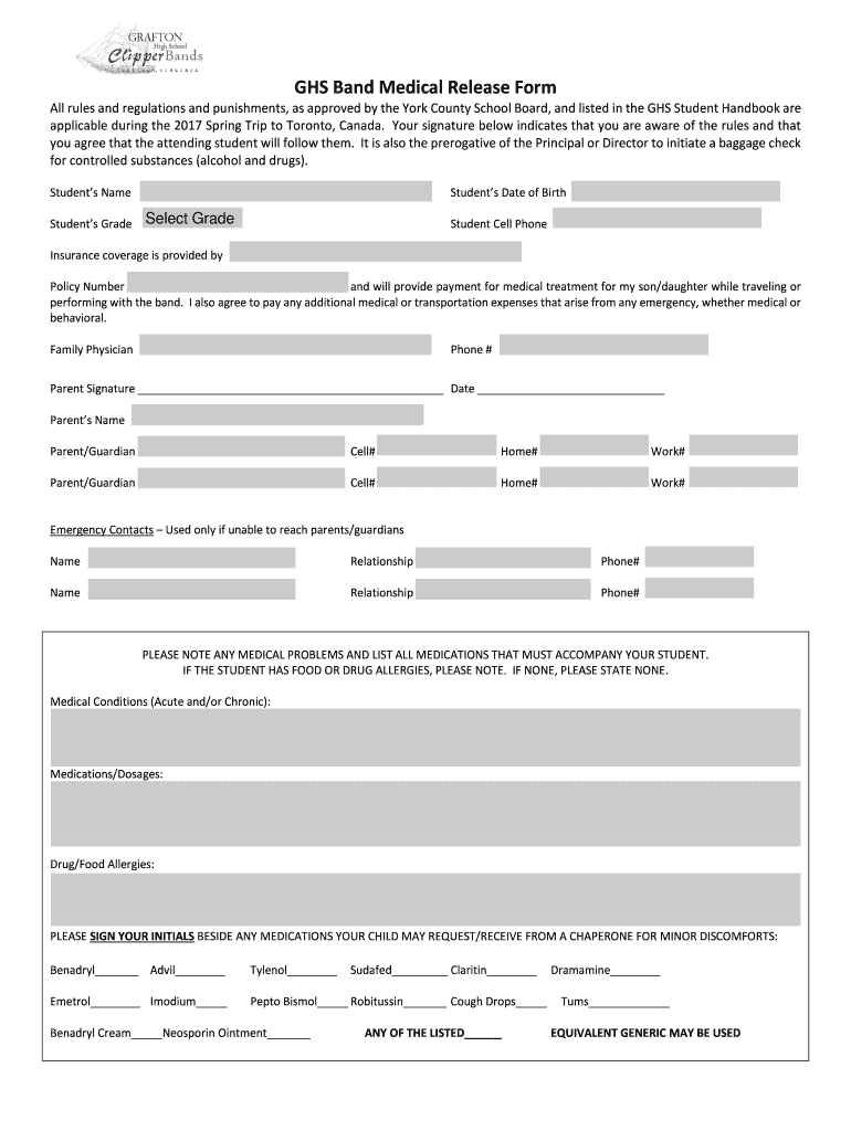 Fillable Online GHS Band Medical Release Form Fax Email Print - pdfFiller