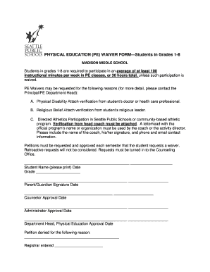 Fillable Online PHYSICAL EDUCATION (PE) WAIVER FORMStudents in Grades 1 ...