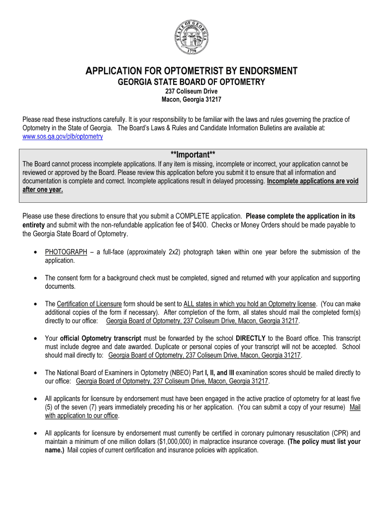 Fillable Online APPLICATION FOR OPTOMETRIST BY ENDORSMENT Fax Email ...
