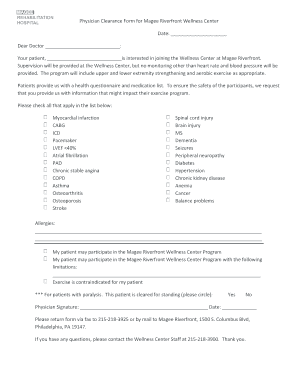 Fillable Online Physician Clearance Form for Magee Riverfront Wellness ...