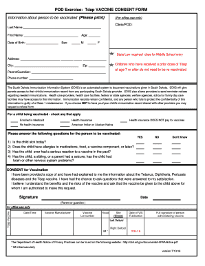 Fillable Online POD Exercise: Tdap VACCINE CONSENT FORM Fax Email Print ...
