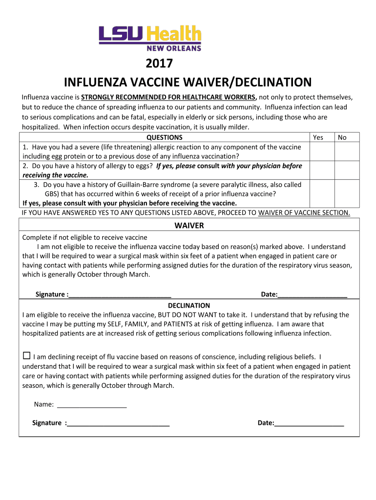 Fillable Online INFLUENZA VACCINE WAIVER/DECLINATION Fax Email Print ...