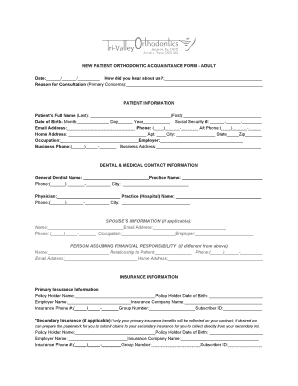 Fillable Online NEW PATIENT ORTHODONTIC ACQUAINTANCE FORM - ADULT Fax ...
