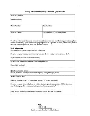 Fillable Online Dietary Supplement Quality Assurance Questionnaire Fax ...