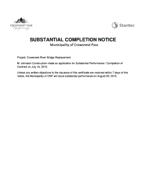 Fillable Online SUBSTANTIAL COMPLETION NOTICE Fax Email Print - pdfFiller