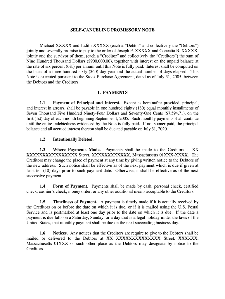 Fillable Online SELF-CANCELING PROMISSORY NOTE Fax Email Print - pdfFiller
