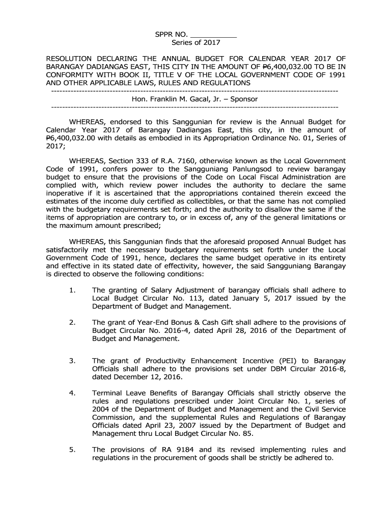 Fillable Online RESOLUTION DECLARING THE ANNUAL BUDGET FOR CALENDAR ...