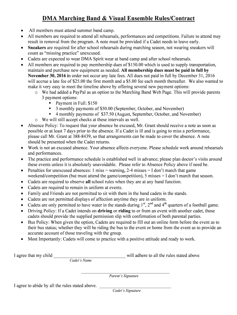 Fillable Online DMA Marching Band & Visual Ensemble Rules/Contract Fax ...