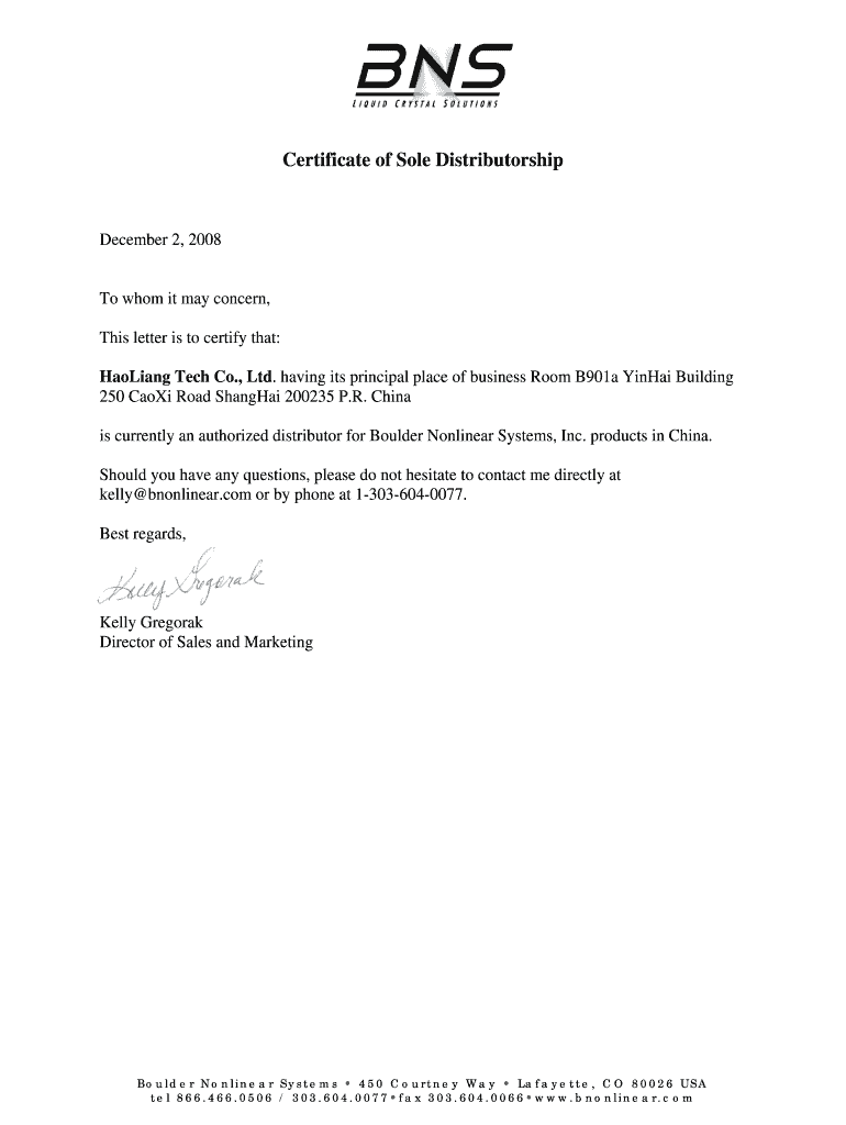 Fillable Online Certificate of Sole Distributorship Fax Email Print ...