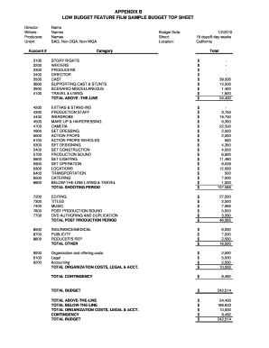 Fillable Online LOW BUDGET FEATURE FILM SAMPLE BUDGET TOP SHEET Fax ...
