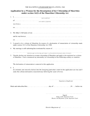 Fillable Online pmo govmu Application by a Woman for the Resumption of ...