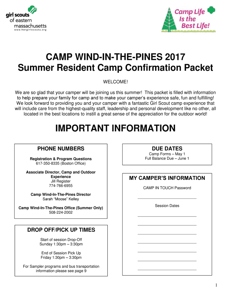 Fillable Online Summer Resident Camp Confirmation Packet Fax Email ...