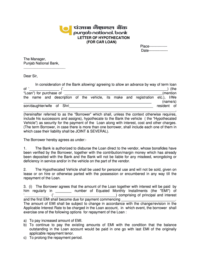 Fillable Online LETTER OF HYPOTHECATION Fax Email Print - pdfFiller