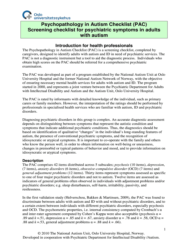 Psychopathology In Autism Checklist - Fill Online, Printable, Fillable ...