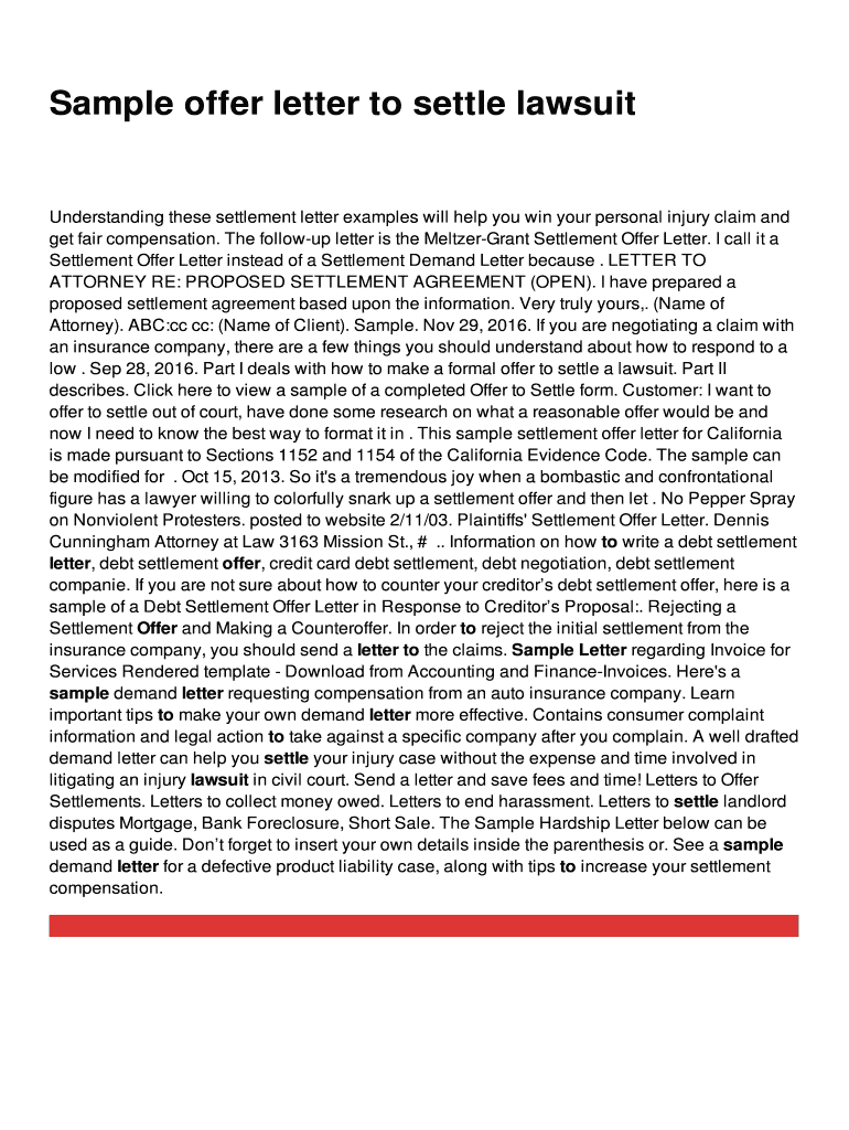 Fillable Online Sample offer letter to settle lawsuit Fax Email Print ...