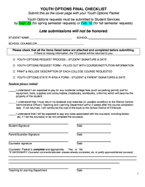 Fillable Online YOUTH OPTIONS FINAL CHECKLIST Fax Email Print - pdfFiller