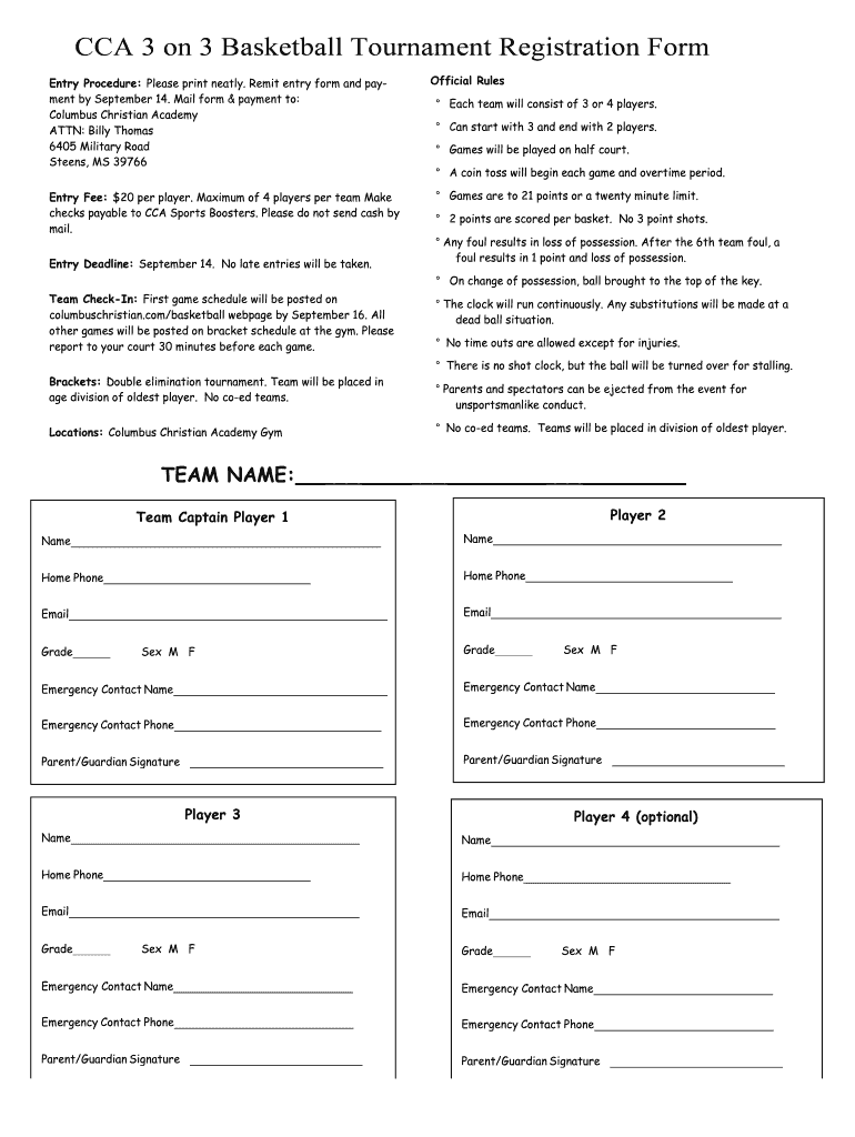 Fillable Online CCA 3 on 3 Basketball Tournament Registration Form Fax ...