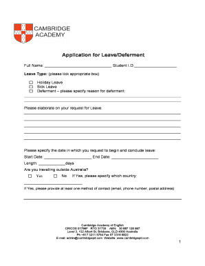 Fillable Online Application for Leave/Deferment Fax Email Print - pdfFiller
