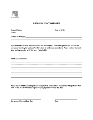 Fillable Online DIETARY RESTRICTIONS FORM Fax Email Print - pdfFiller