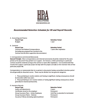 Fillable Online Recommended Retention Schedule for HR and Payroll ...