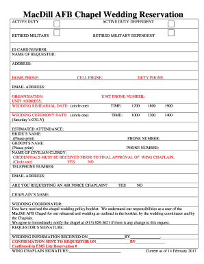 Fillable Online MacDill AFB Chapel Wedding Reservation Fax Email Print ...