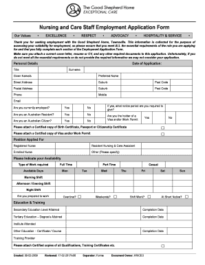 Fillable Online Nursing and Care Staff Employment Application Form Fax ...