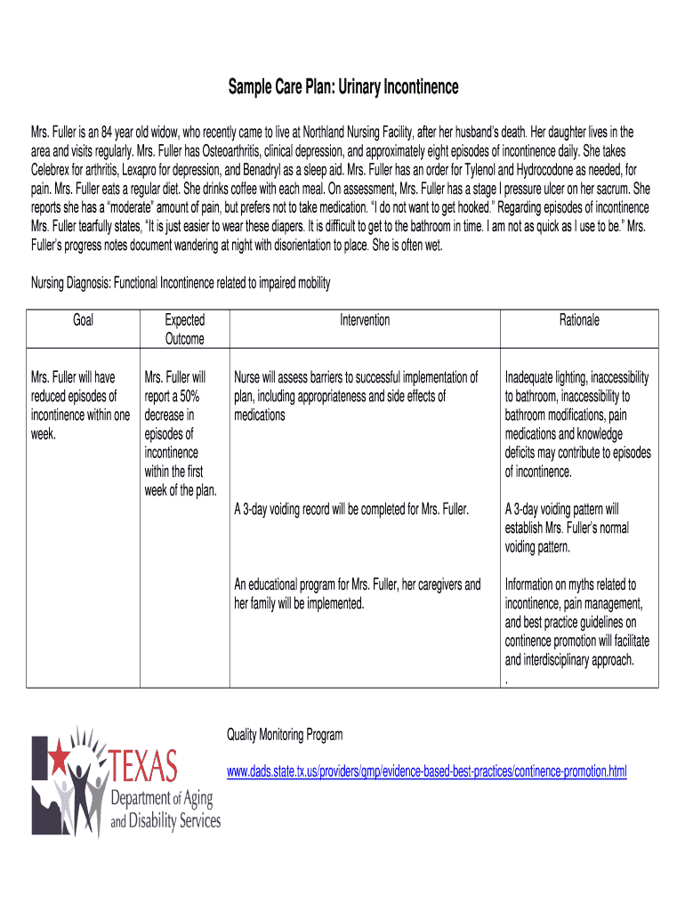 Fillable Online Sample Care Plan: Urinary Incontinence Fax Email Print ...