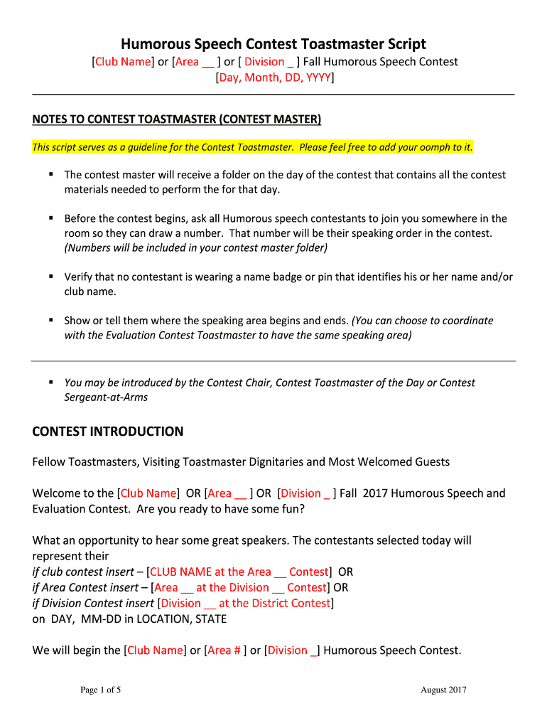 Fillable Online Humorous Speech Contest Toastmaster Script Fax Email ...