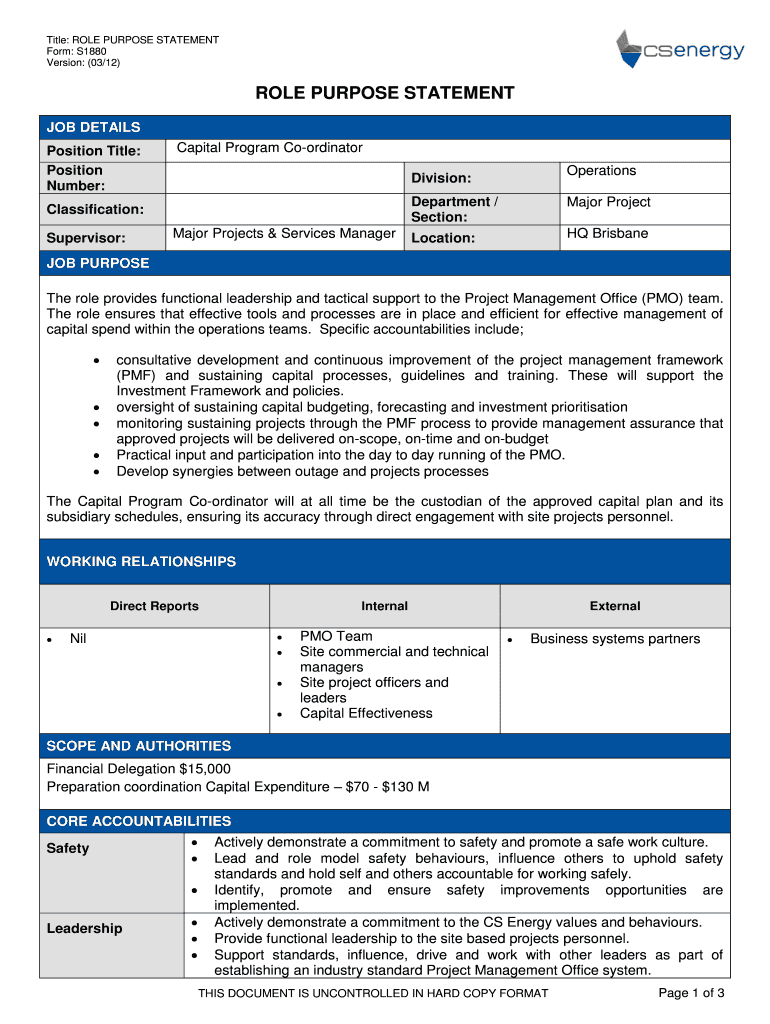 Fillable Online ROLE PURPOSE STATEMENT Fax Email Print - pdfFiller