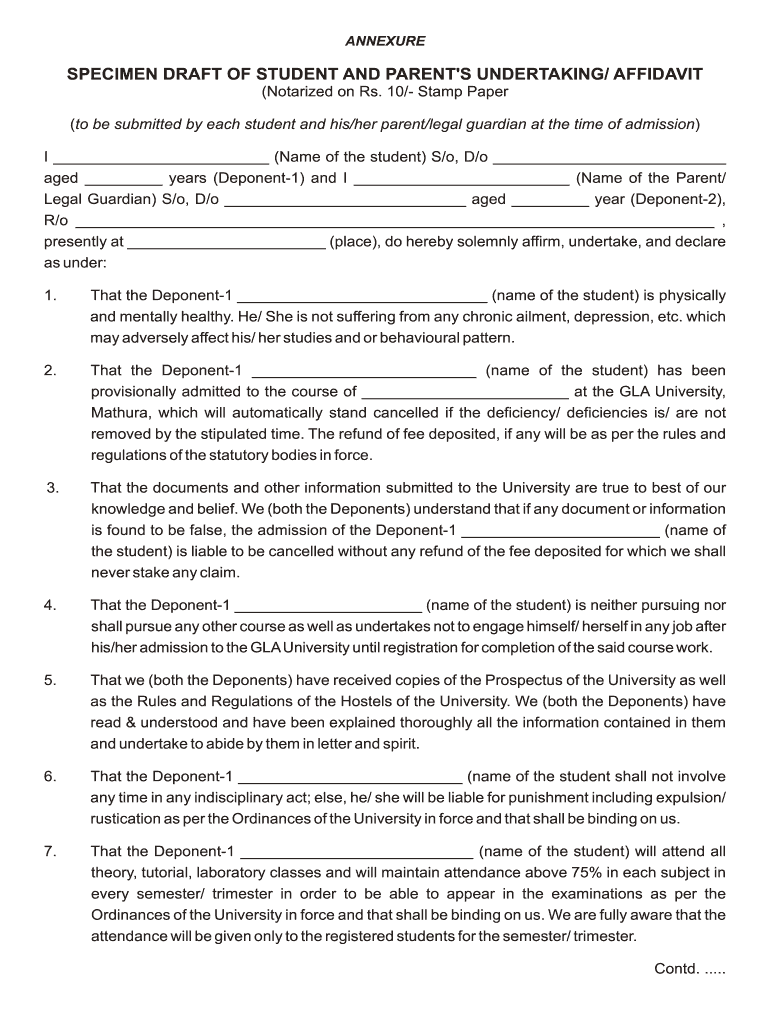 Fillable Online SPECIMEN DRAFT OF STUDENT AND PARENT'S UNDERTAKING ...