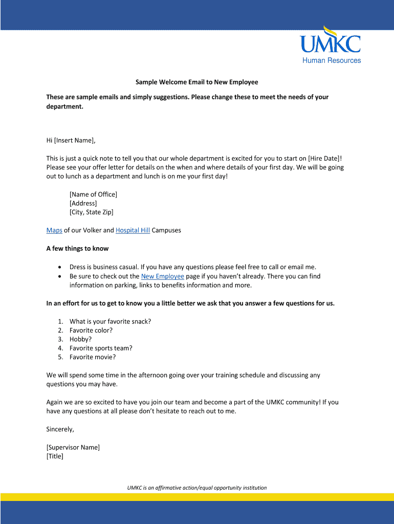 Fillable Online Sample Welcome Email To New Employee Fax Email Print 
