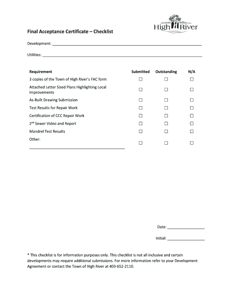 Fillable Online Final Acceptance Certificate Checklist Fax Email Print ...