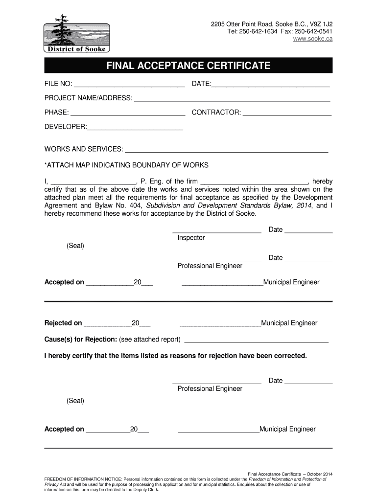 2014 2024 Form Canada Final Acceptance Certificate District Of Sooke