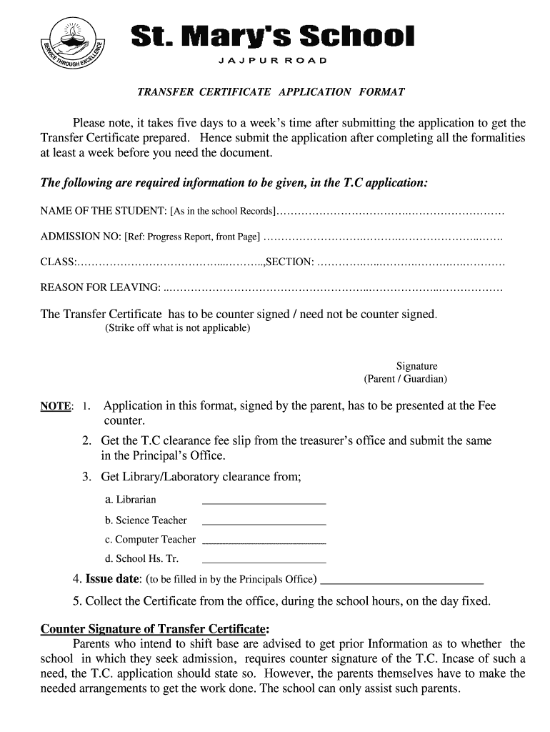 TRANSFER CERTIFICATE APPLICATION FORMAT Fill And Sign Printable 
