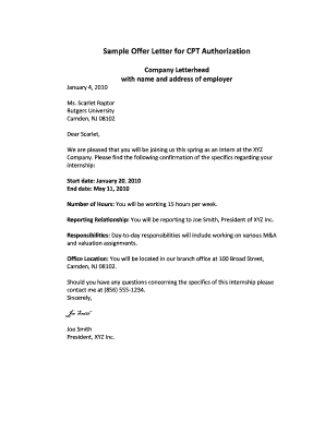 Fillable Online Sample Offer Letter for CPT Authorization Fax Email ...