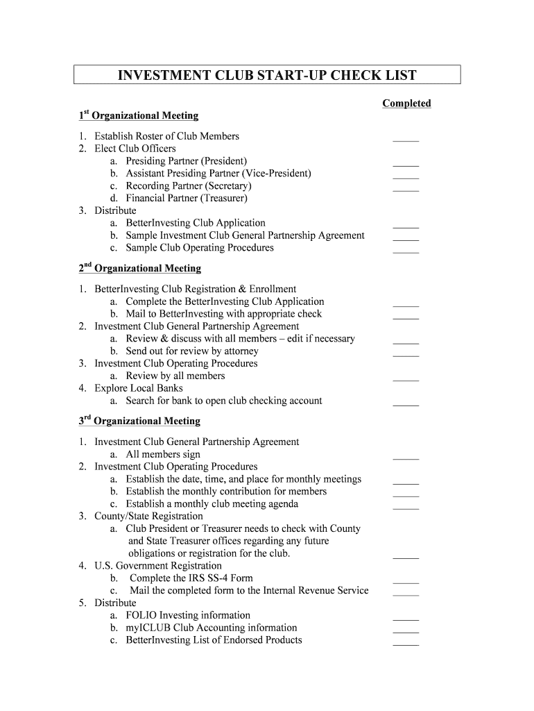 Fillable Online INVESTMENT CLUB START-UP CHECK LIST Fax Email Print ...