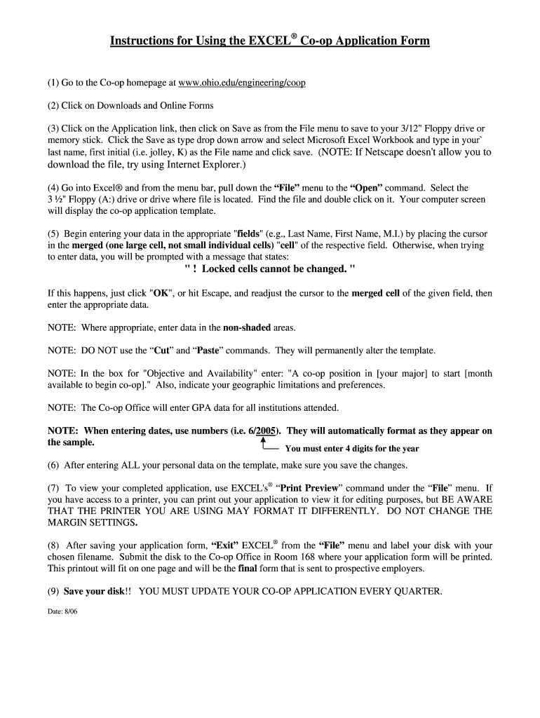 Fillable Online Instructions for Using the EXCEL Co-op Application Form ...