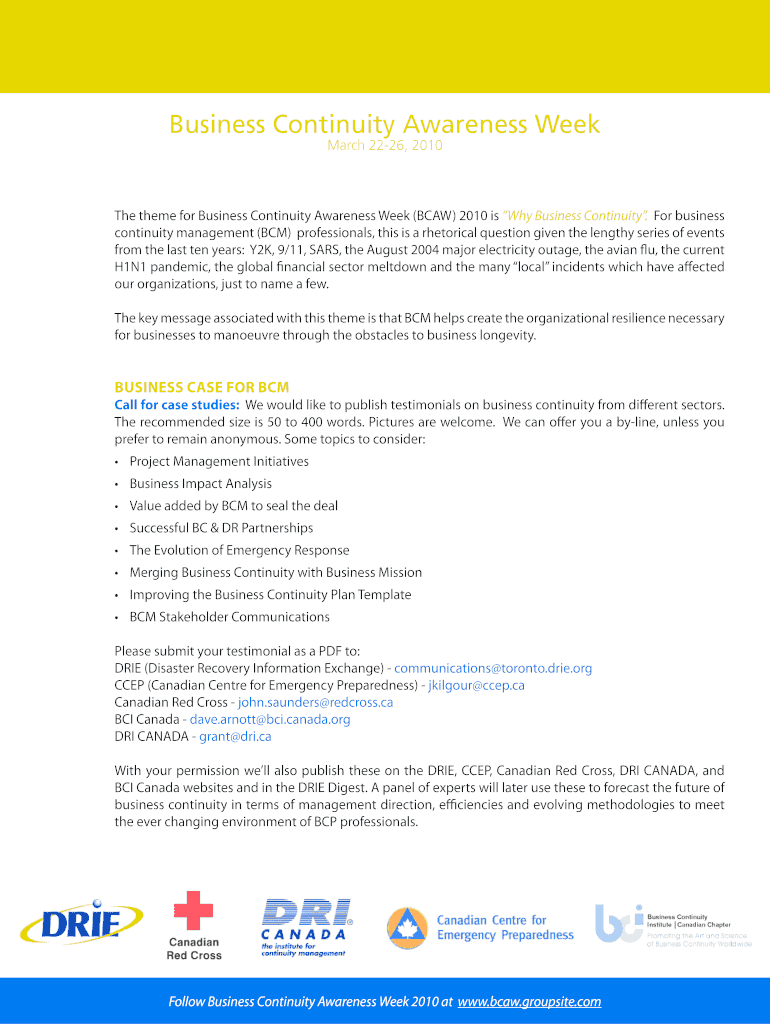 Fillable Online The theme for Business Continuity Awareness Week (BCAW ...