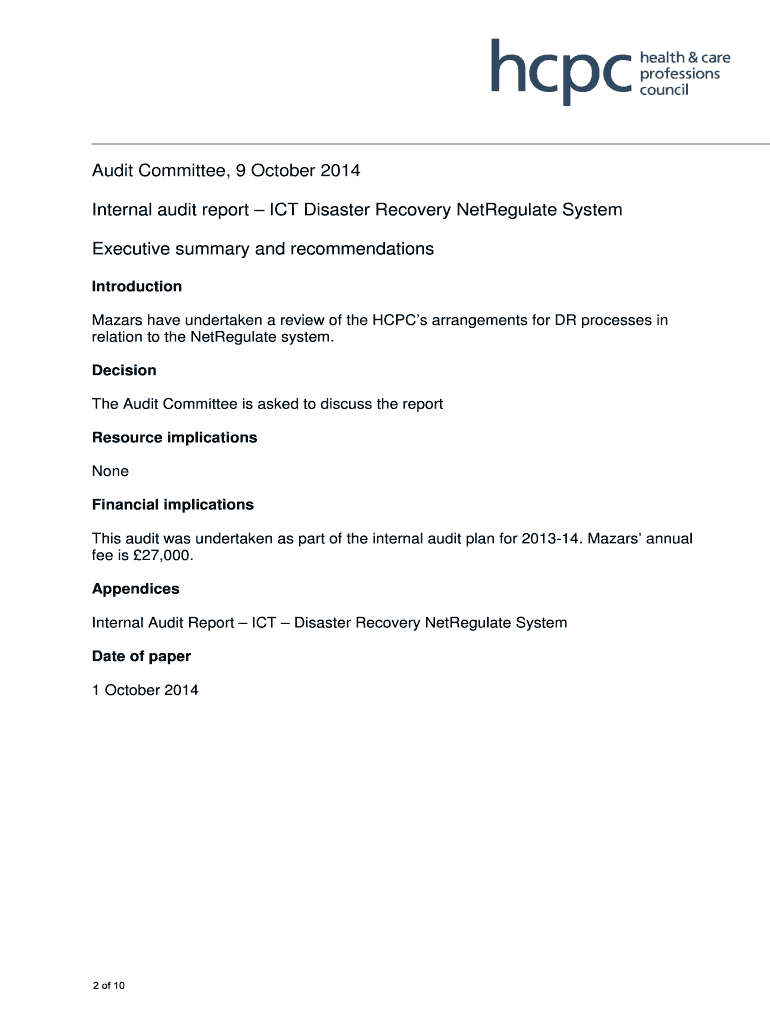 Fillable Online Internal audit report ICT Disaster Recovery NetRegulate ...