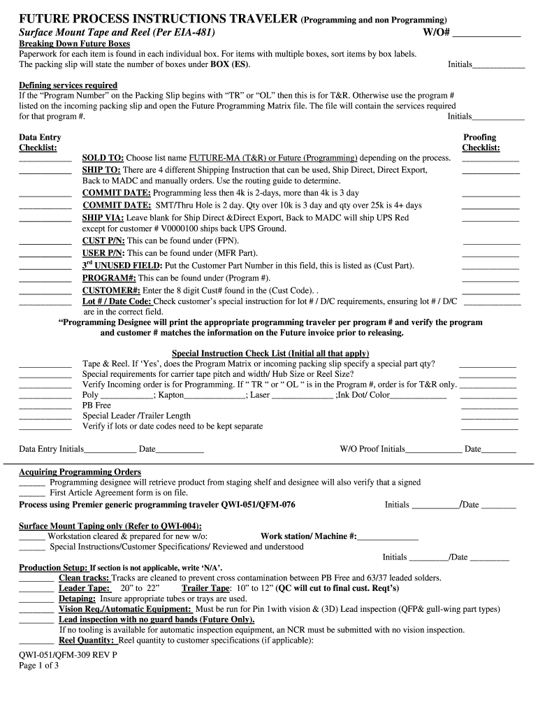 Fillable Online FUTURE PROCESS INSTRUCTIONS TRAVELER (Programming and ...