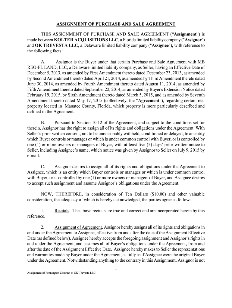 Fillable Online ASSIGNMENT OF PURCHASE AND SALE AGREEMENT Fax Email ...