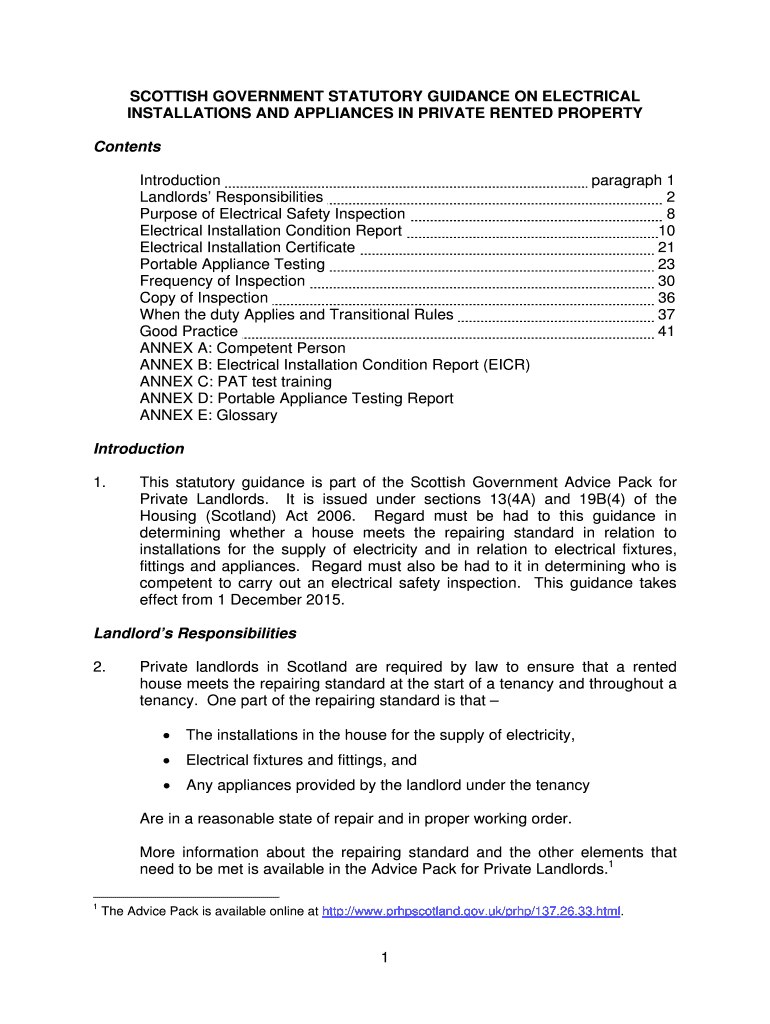 Fillable Online SCOTTISH GOVERNMENT STATUTORY GUIDANCE ON ELECTRICAL ...