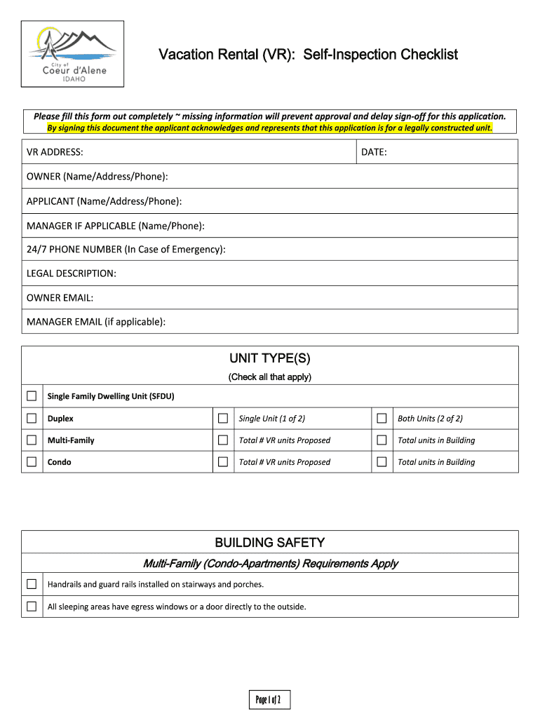 Fillable Online Vacation Rental (VR): Self-Inspection Checklist Fax ...
