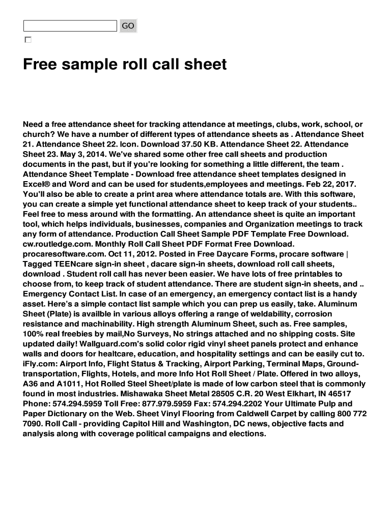 Fillable Online Free sample roll call sheet Fax Email Print - pdfFiller