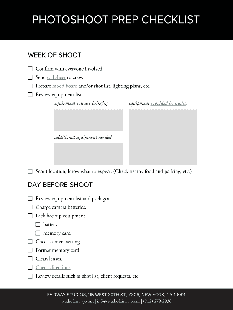 Fillable Online PHOTOSHOOT PREP CHECKLIST Fax Email Print - pdfFiller