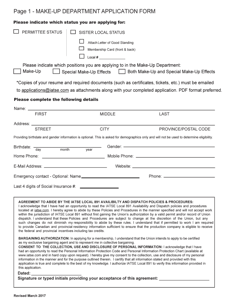 Fillable Online Page 1 - MAKE-UP DEPARTMENT APPLICATION FORM Fax Email ...