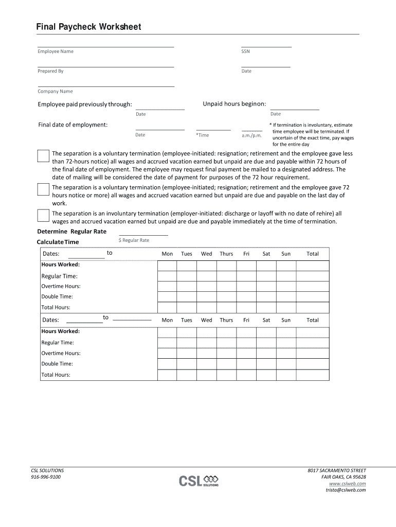 Fillable Online Final Paycheck Worksheet Fax Email Print - pdfFiller